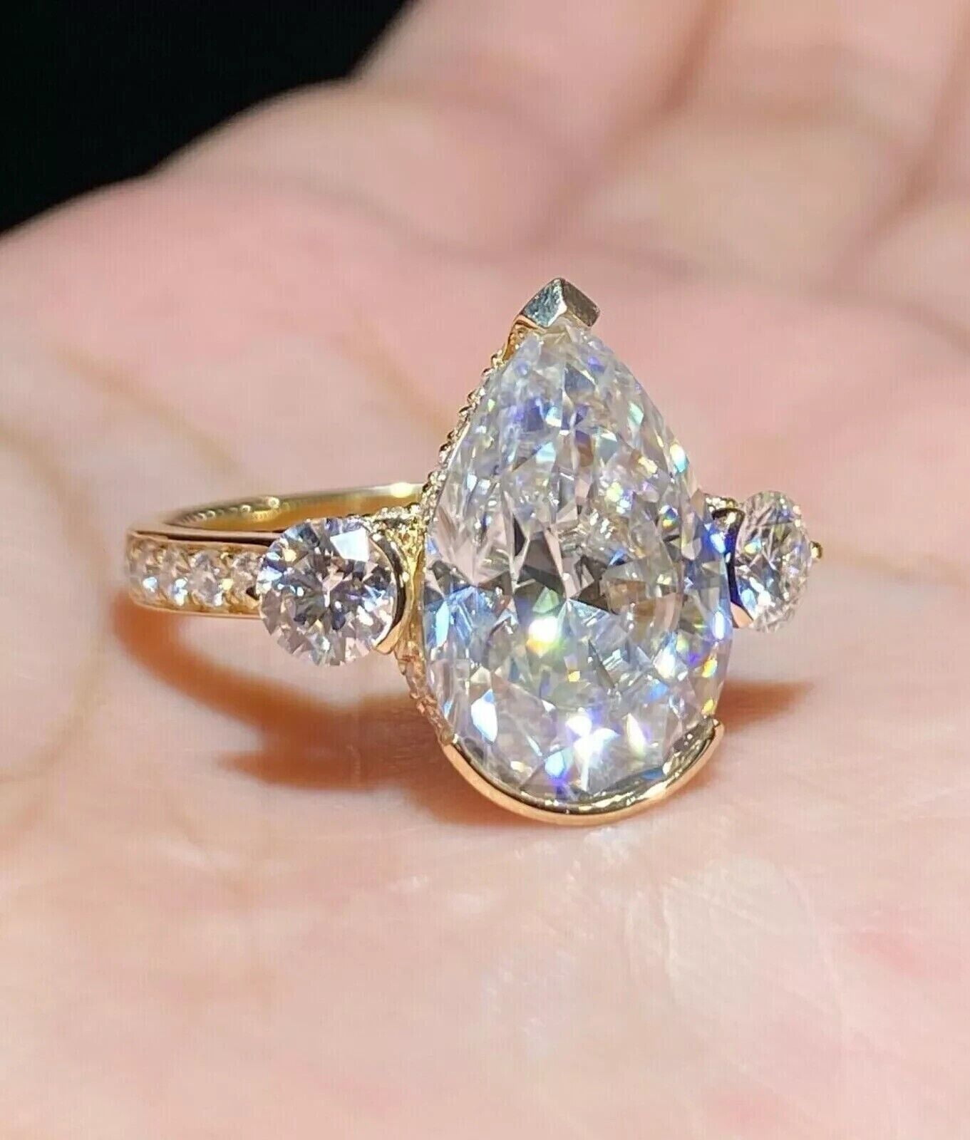 3 CT Pear Cut Lab Created Diamond 3-Stone Wedding Engagement Rings 14K Yellow Gold Plated ...