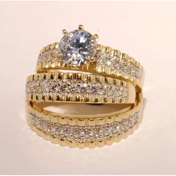 3 CTW Simulated Diamond 14K Yellow Gold Plated Round Wedding His/Her ...