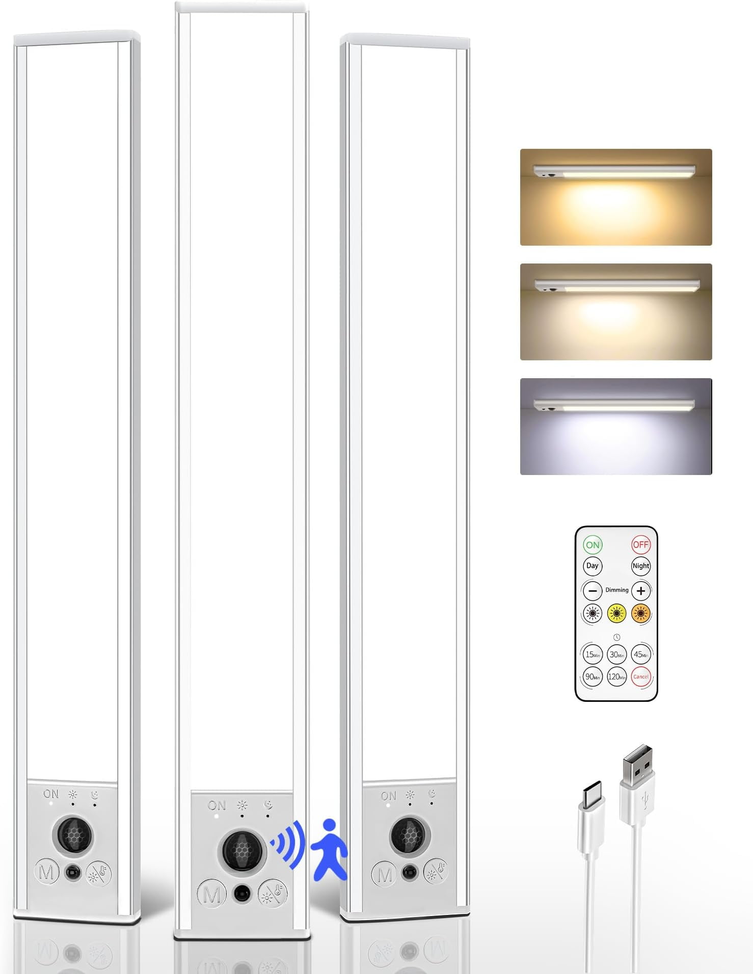 3 Under Cabinet Lighting, 3200mAh Motion Sensor Light, 12inch Closet ...