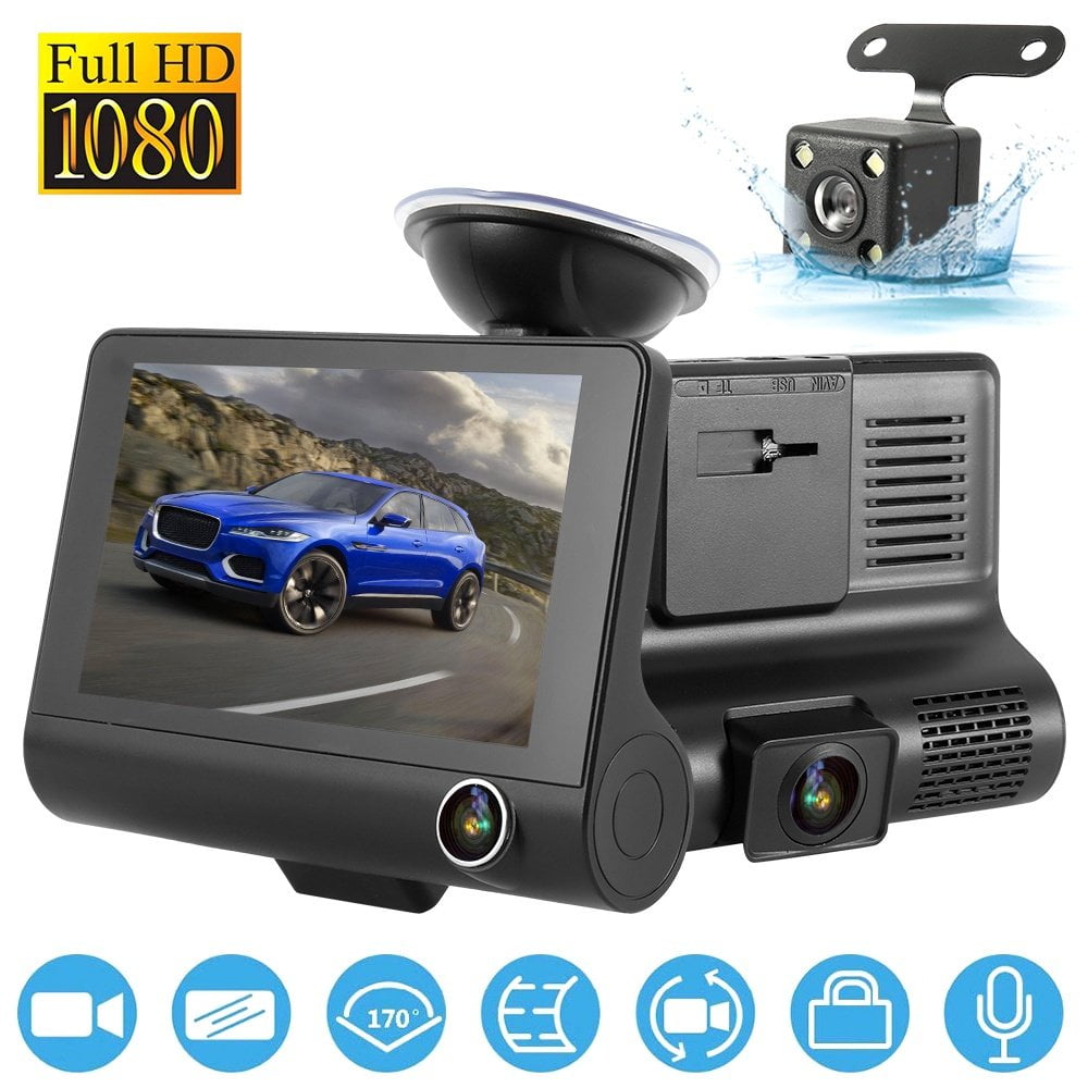 3 Camera Car Dash Cam with 4" Touch Screen, 170° Front, Rear, and ...
