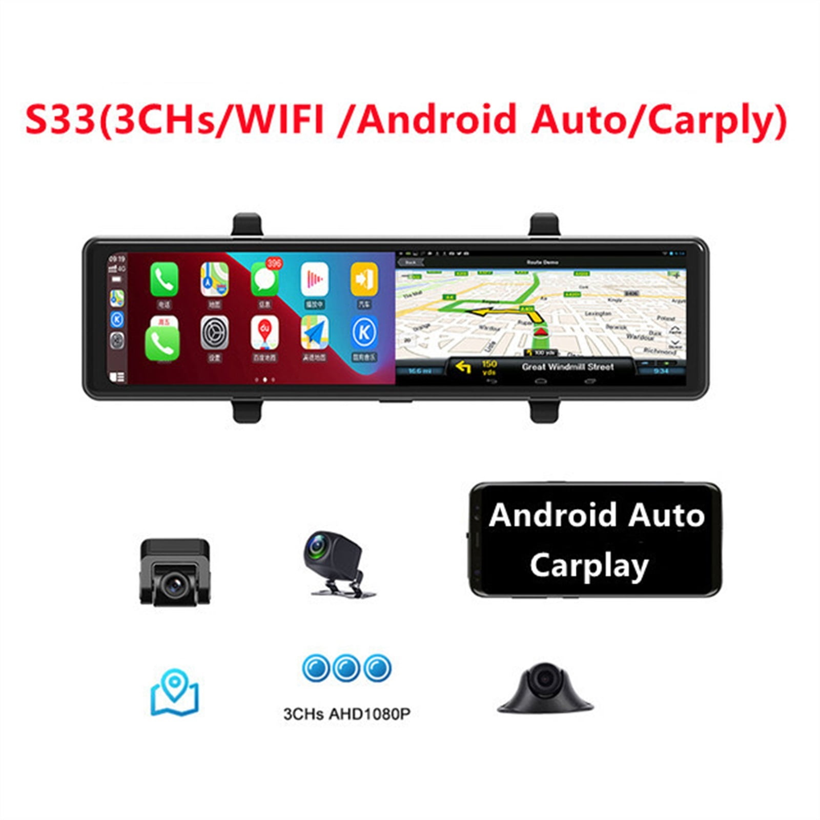 3 Cameras Dash Cam 1080P Car Mirror Video Recording Carplay & Auto ...