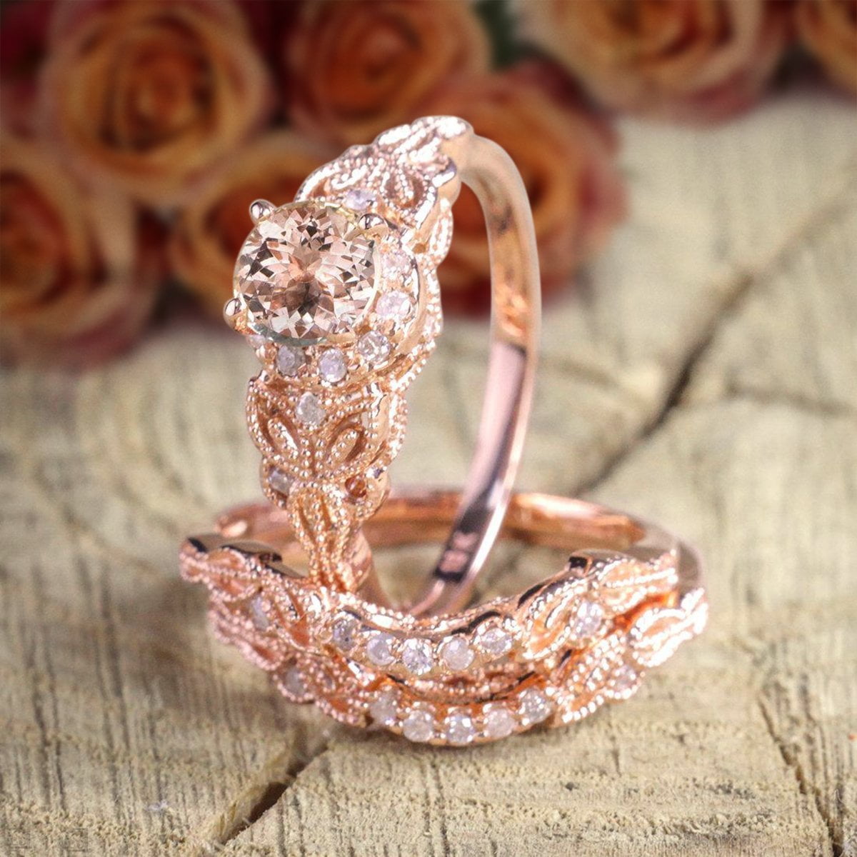 3 Carat 6mm Round Cut Morganite And Diamond Moissanite Trio Ring Set ...