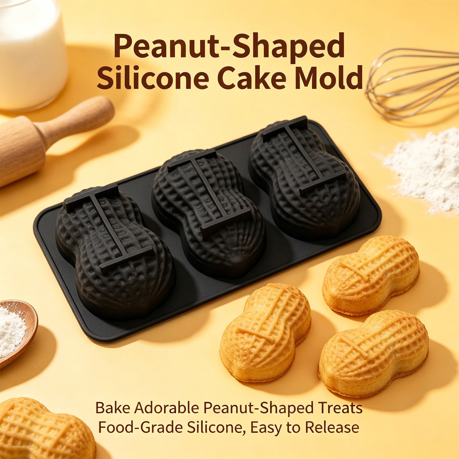 3 Cavity Peanut Shaped Silicone Mold Non Stick Baking Tray for Cakes ...