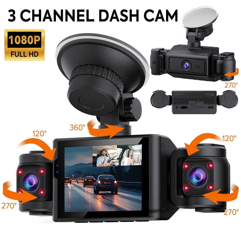 3 Channel 1080P Triple Dash Cam Front & Inside, 2.4 Inch IPS Screen, 4 ...