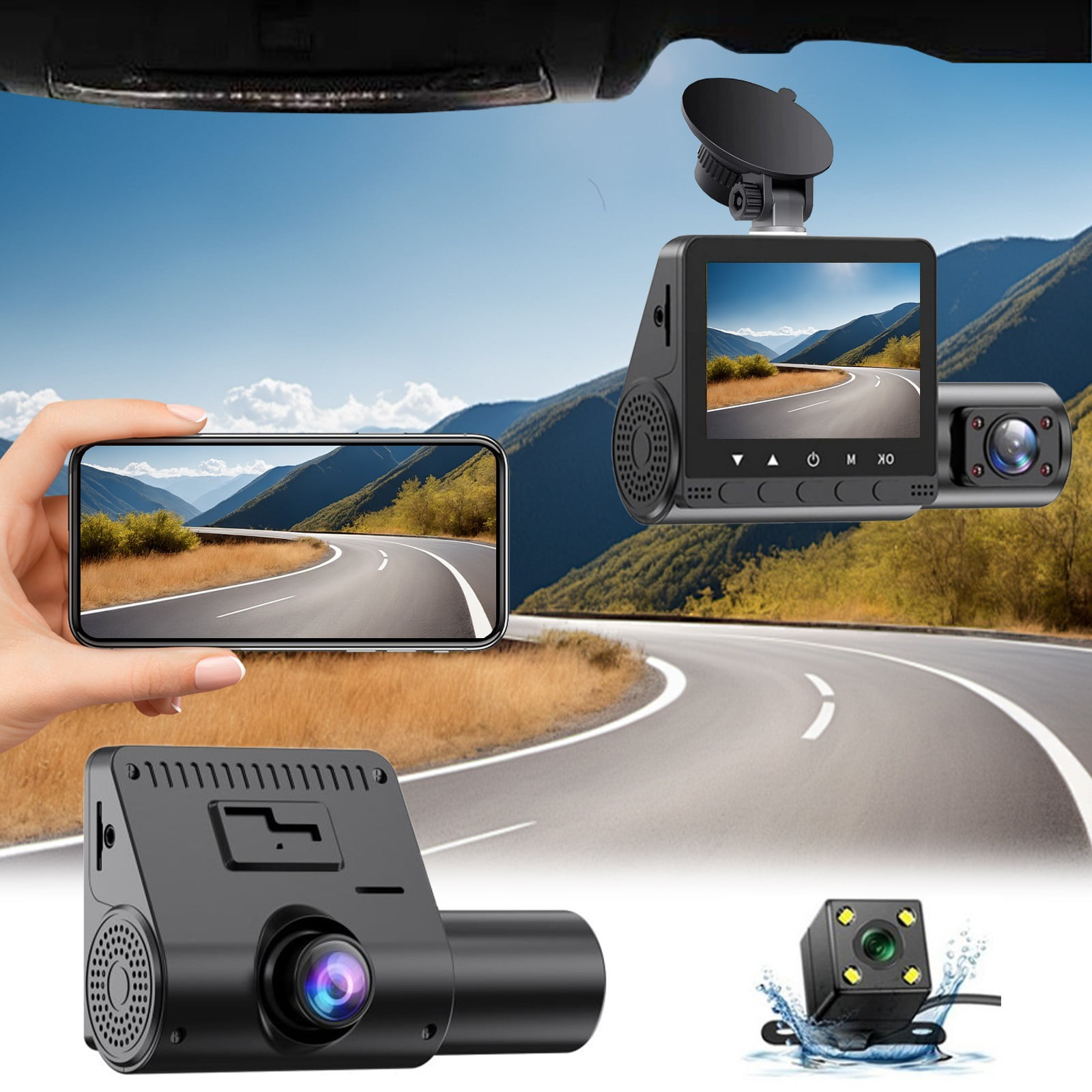 3 Channel Dash Cam,1080P Dash Cam Front and Rear Inside, Dash Camera ...
