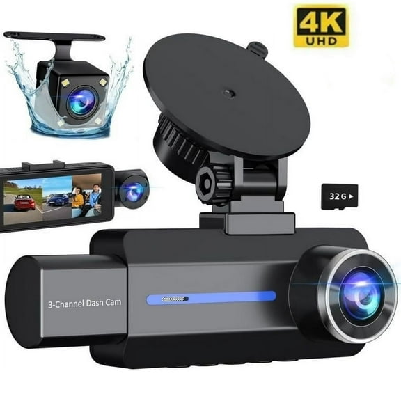 Loop Recording 3 Channel Dash Cam, 4K+1080P Triple Front Rear Inside ...