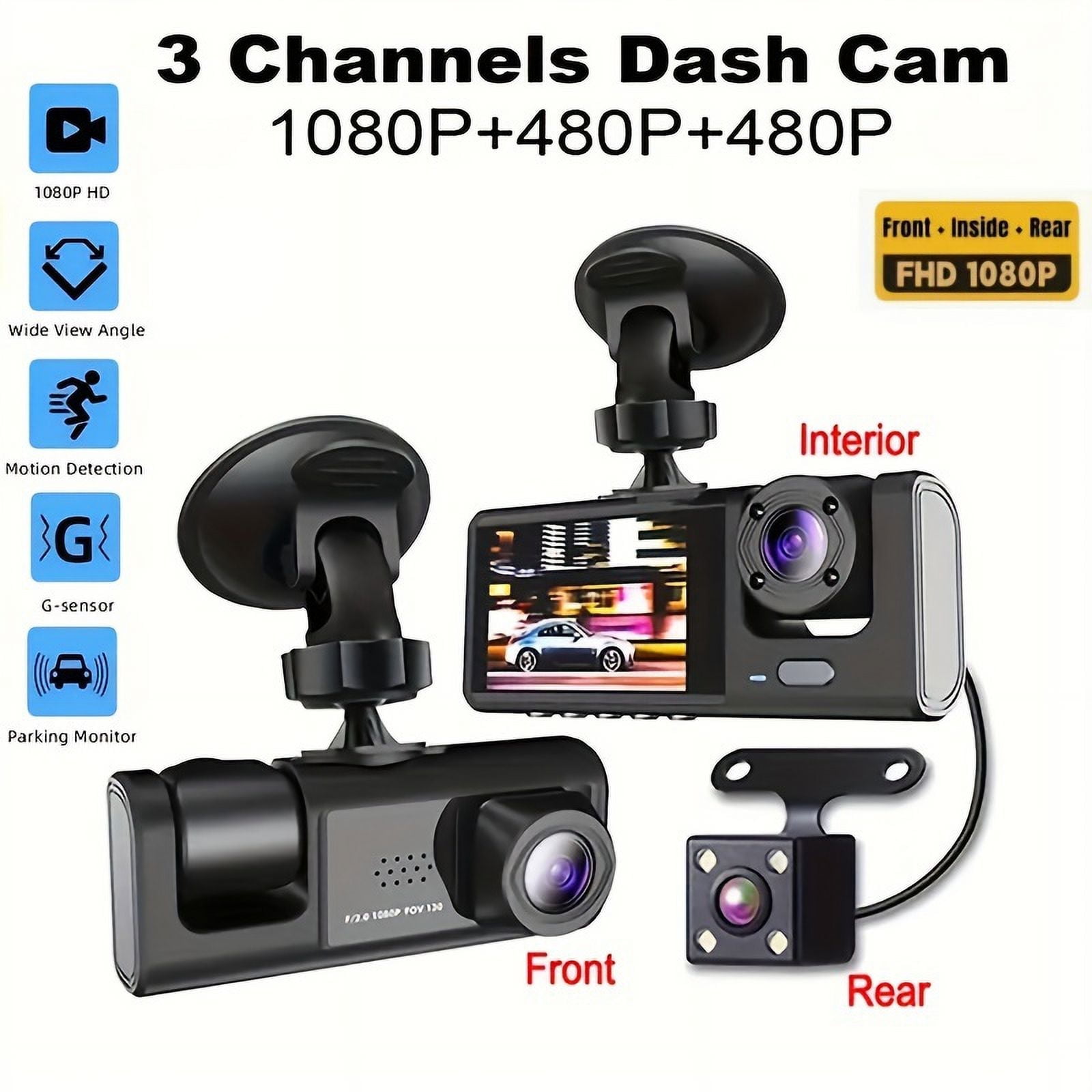 3 Channel Dash Cam Front And Rear Inside,1080P Dash Cam IR Night Vision ...