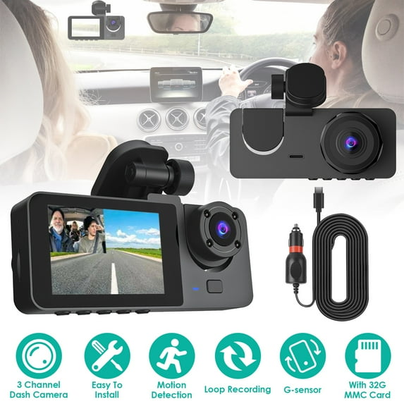 3 Channel Dash Cam Front Inside Rear Vehicle Driving Recorder Car DVR ...