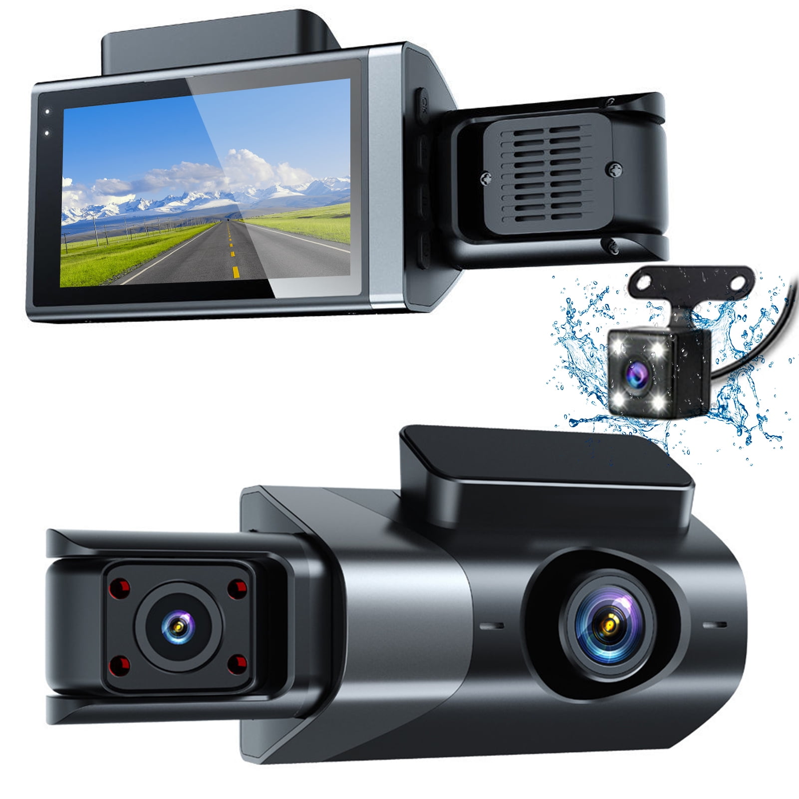 3 Channel Dash Cam Front and Rear, 1080P Dash Camera for Cars, 3" IPS ...