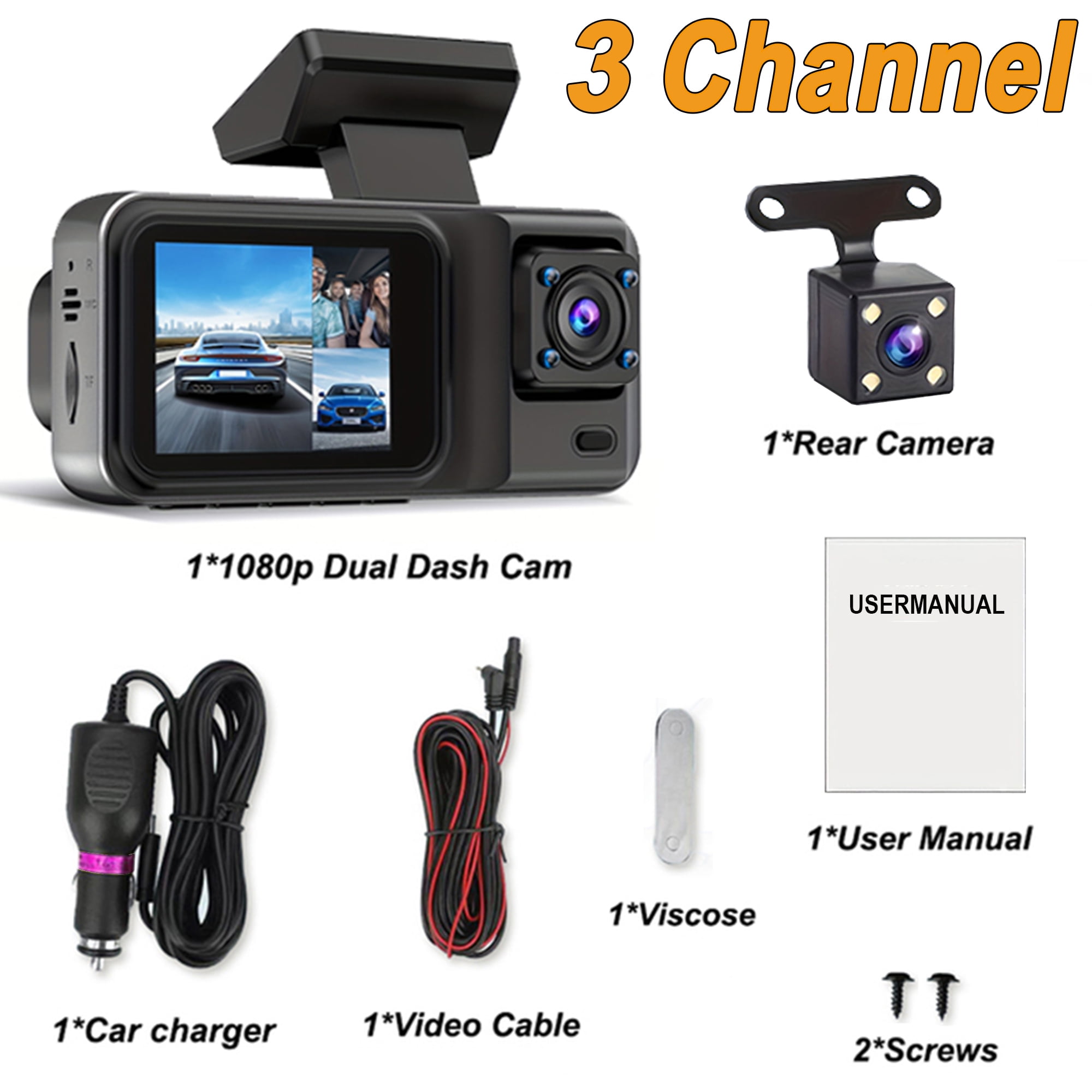 3 Channel Dash Cam for Cars Camera Black Box 3Ch/2Ch 1080P Video ...