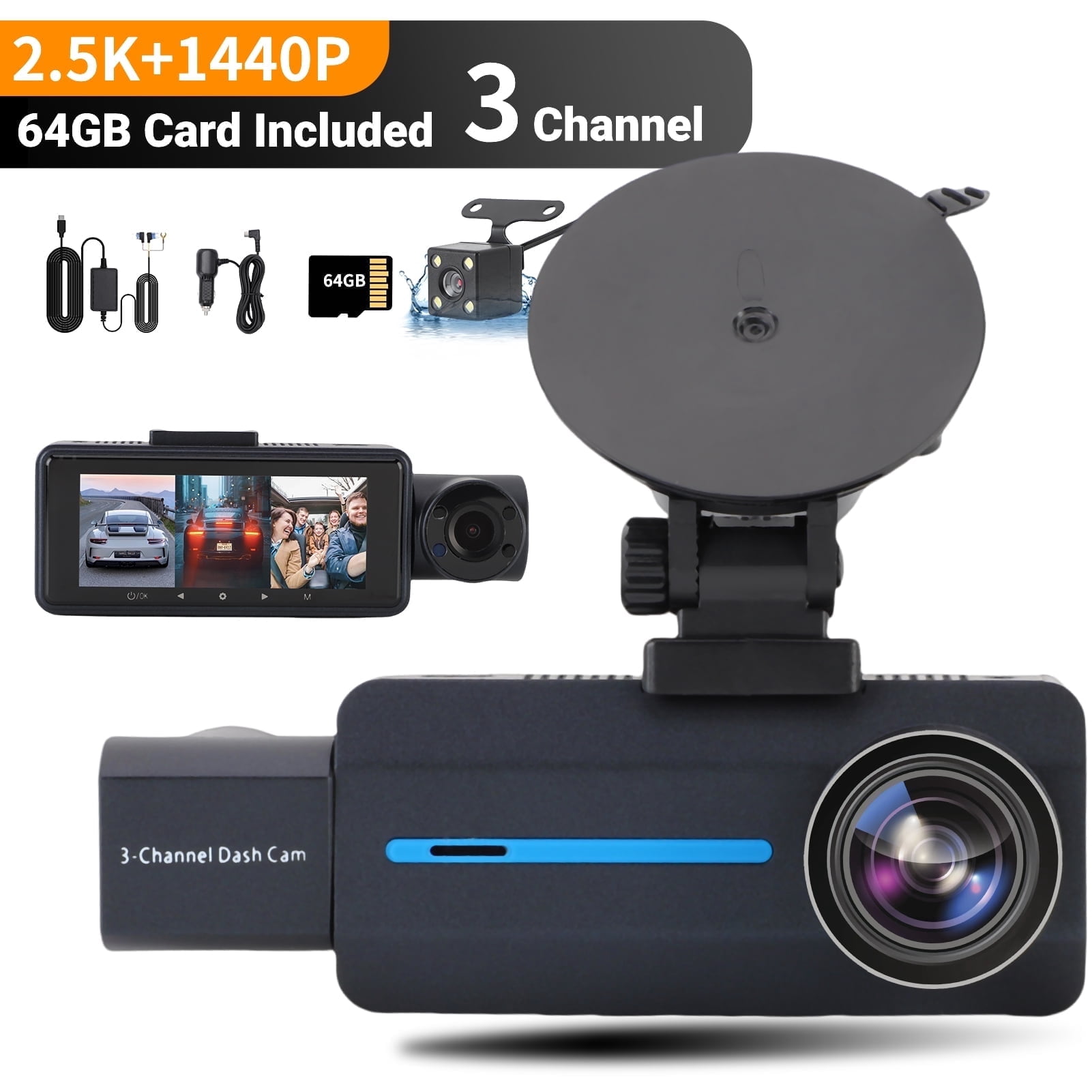 3 Channel Dash Cam, Front Rear 4K/2.5K+1440P 3.16" Full HD with Wi-Fi ...