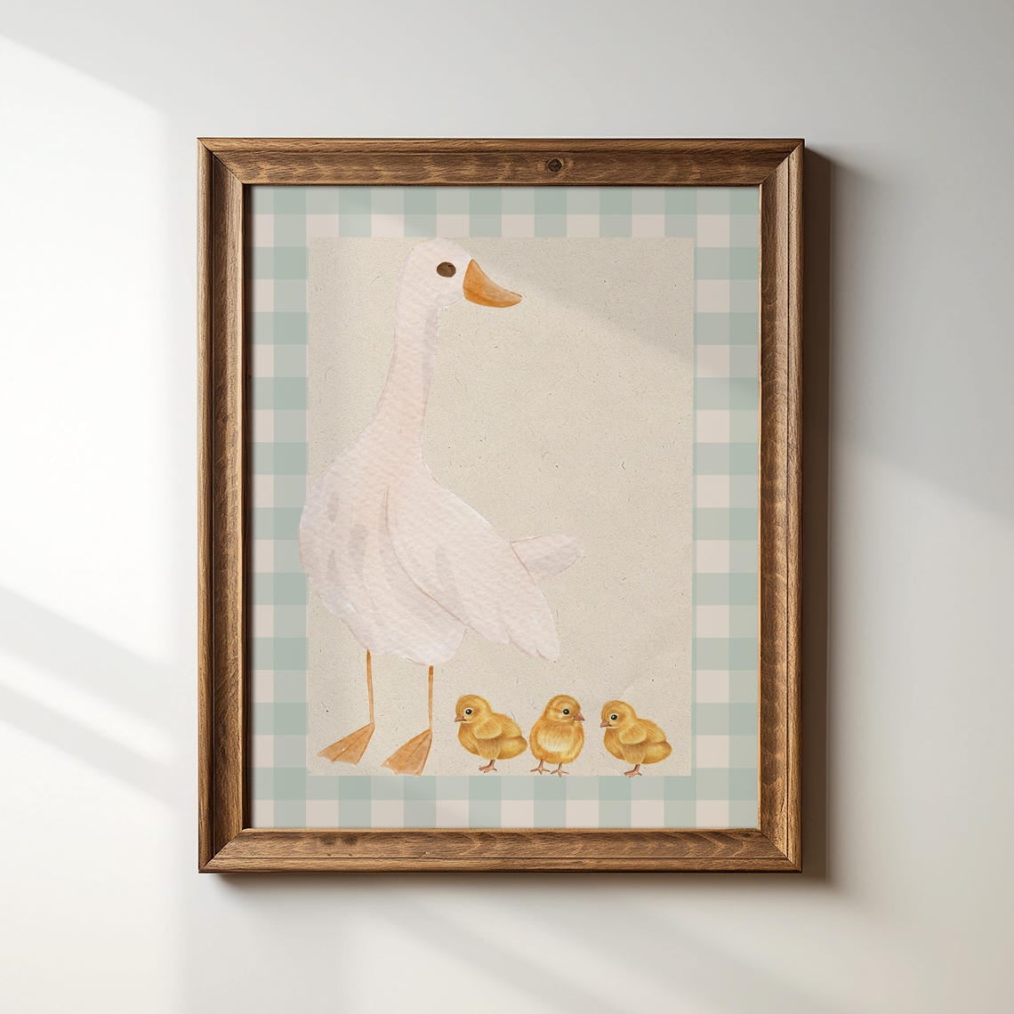 3 Chick Blue Gingham Vintage Style Mother Duck Illustration Print Art ...