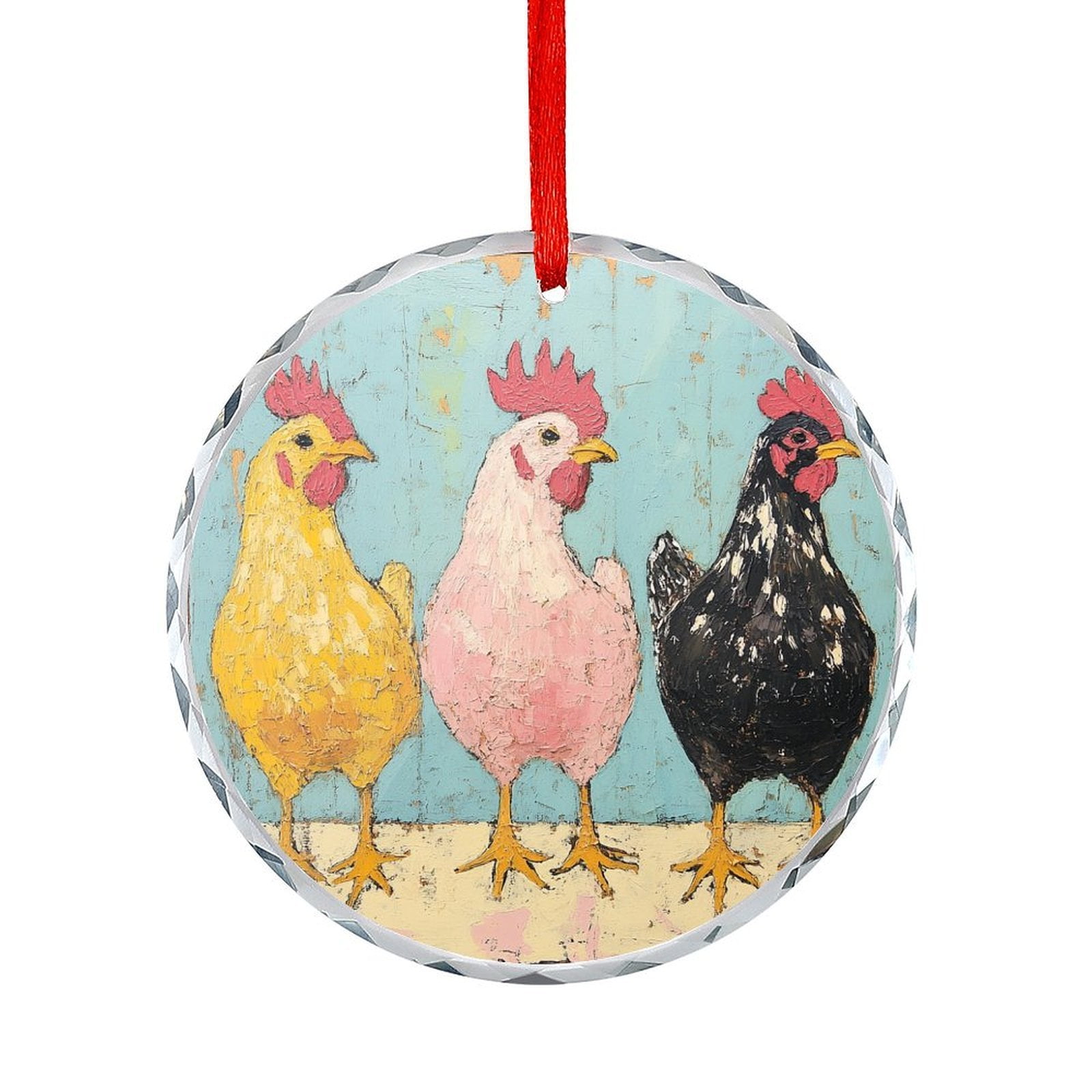 3 Chickens Crystal Glass Ornament Funny Chicken Coop Rooster Round ...