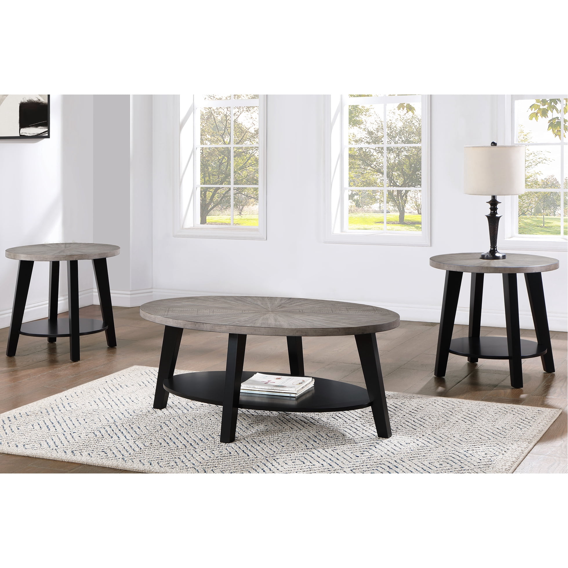 3 Cocktail In Gray And Black: Oval Coffee Table & 2 Round End Tables ...