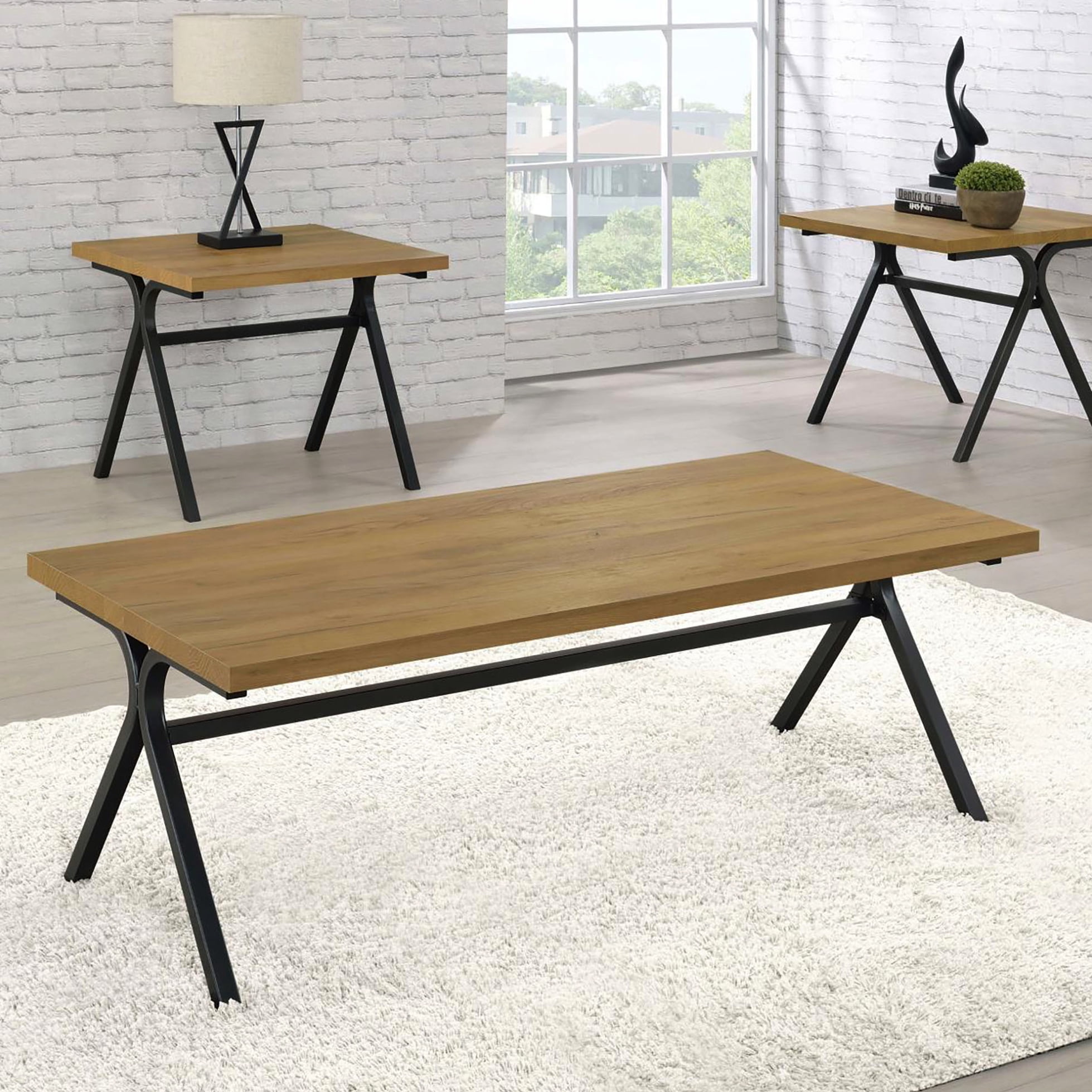 3 Coffee & End Table In Golden Oak And Gunmetal - Industrial Style ...