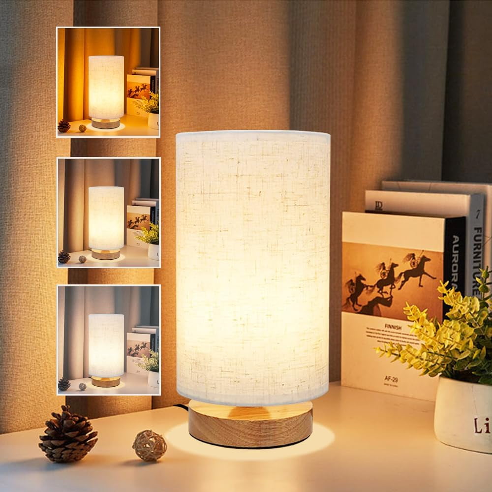 3-Color Adjustable Bedside Table Lamp for Bedroom,Minimalist Wood Base ...