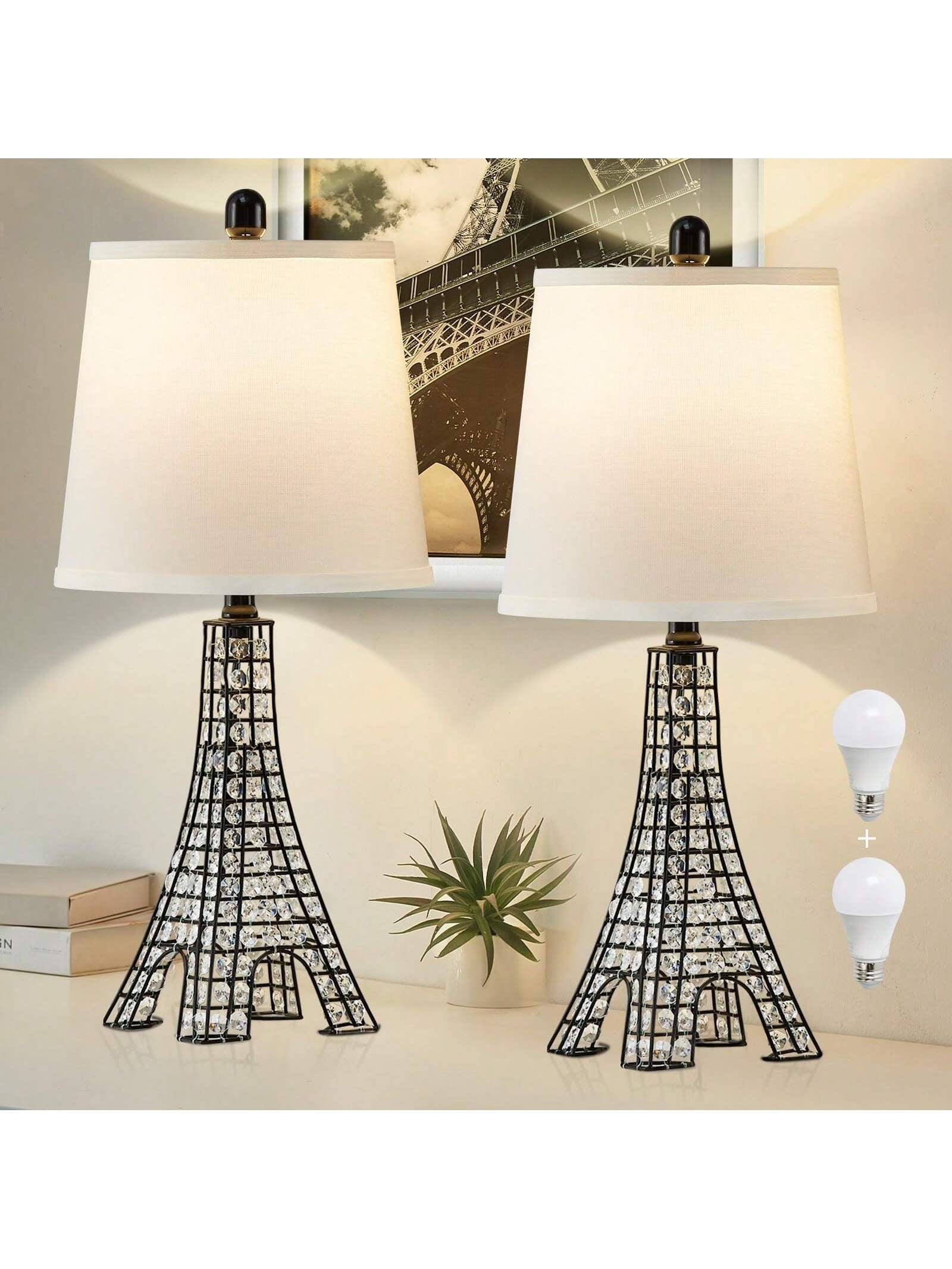 3-Color Dimmable Paris Modern Tower Table Lamp Set of 2 with 2 A19 LED ...