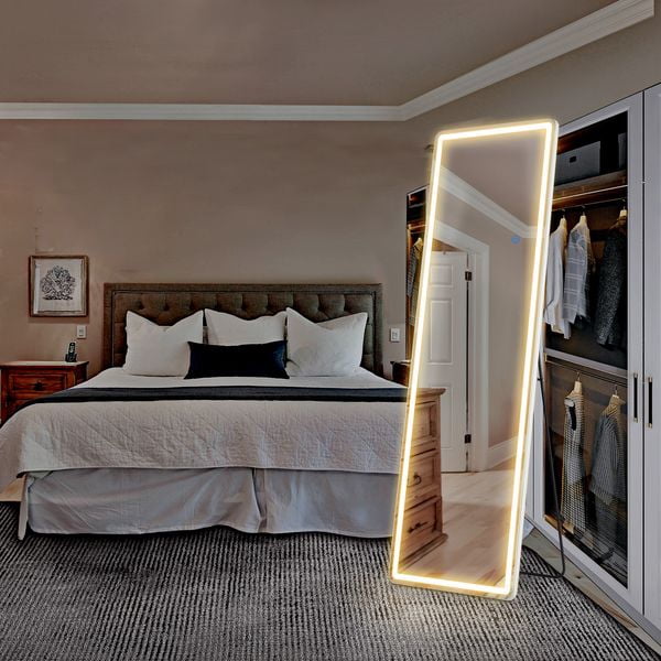 3 Color Lighting Mirror with LED Lights, 64"x21" Lighted Floor Standing ...
