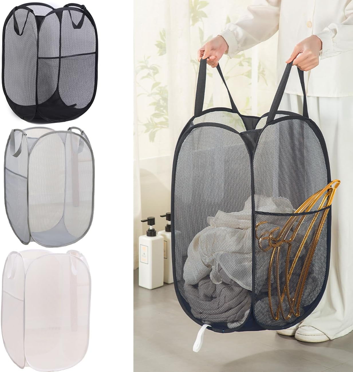 3 Color Popup Mesh Laundry Baskets, Collapsible and Portable Clothes ...