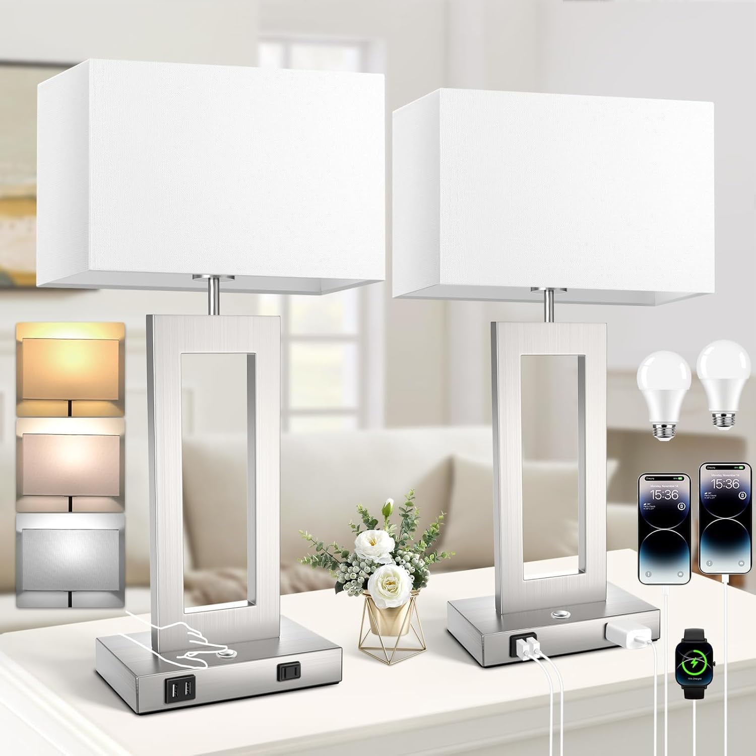 3 Color Temperatures Table Lamps for Bedrooms Set of 2, 22’’ Touch ...