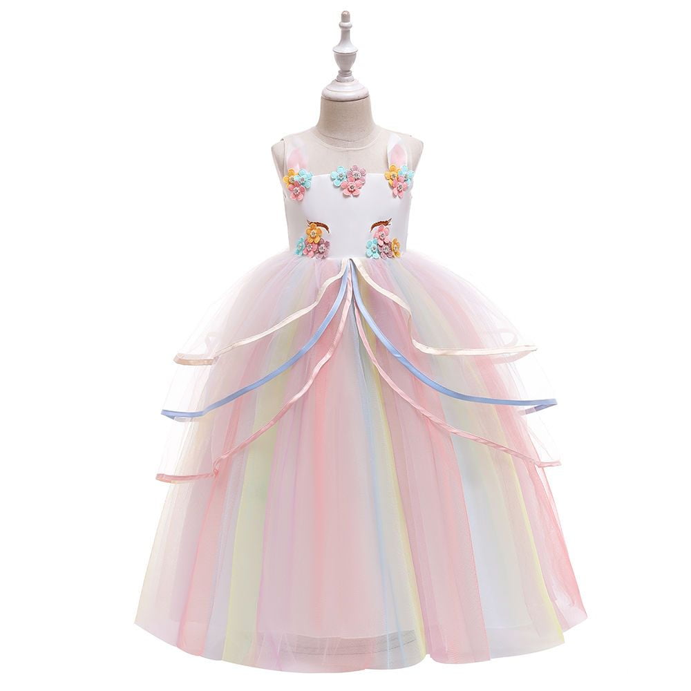 (3 Colors 110-160) Girls' Rainbow Dress Performance Gown Mesh Skirt ...