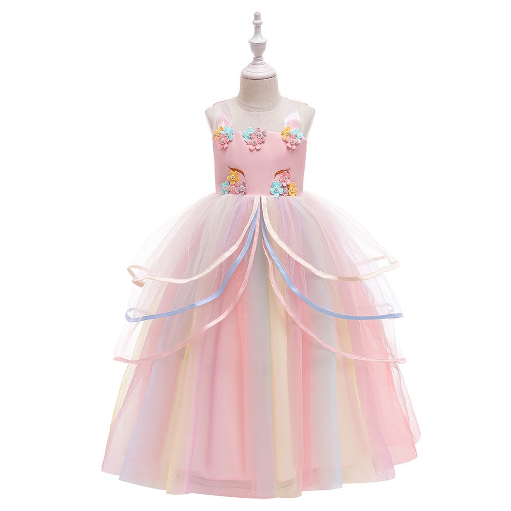(3 Colors 110-160) Girls' Rainbow Dress Performance Gown Mesh Skirt ...