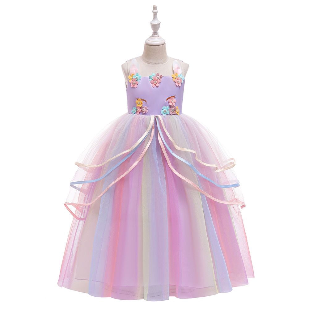 (3 Colors 110-160) Girls' Rainbow Dress Performance Gown Mesh Skirt ...