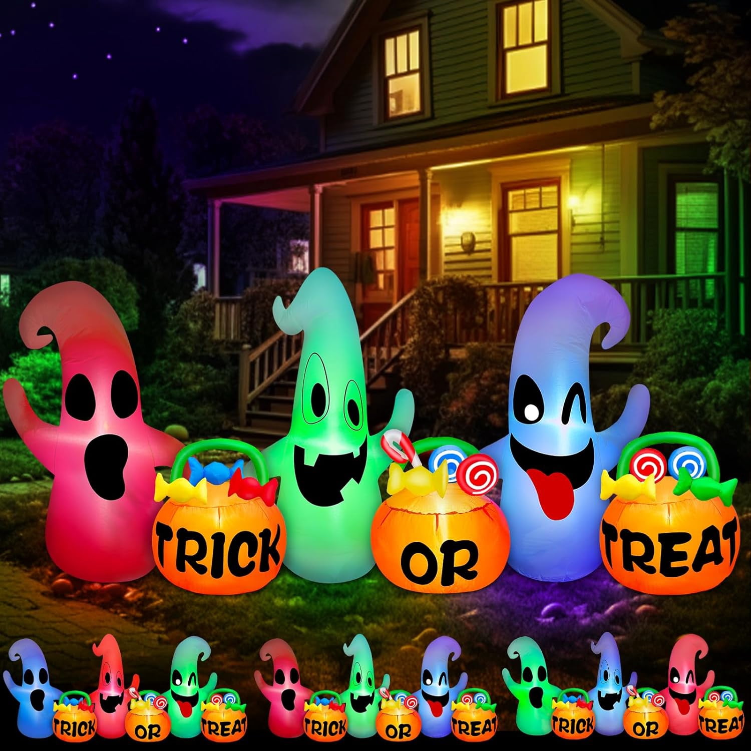 [ 3 Colors Changing Light ] 8 Ft Long Halloween Inflatables Three ...
