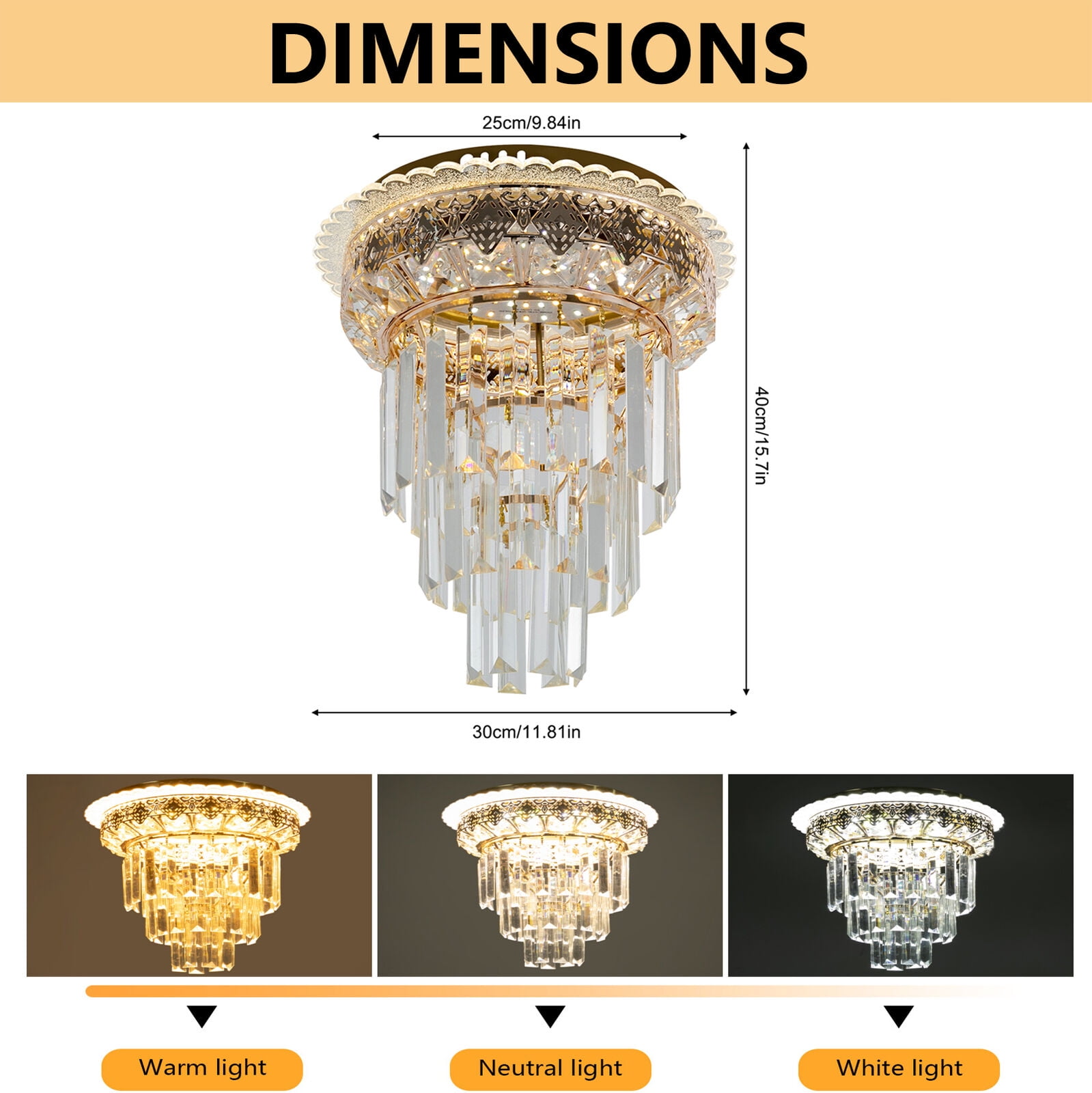3 Colors Gold LED Ceiling Light Krystal Chandelier Lamp, Modern Metal ...