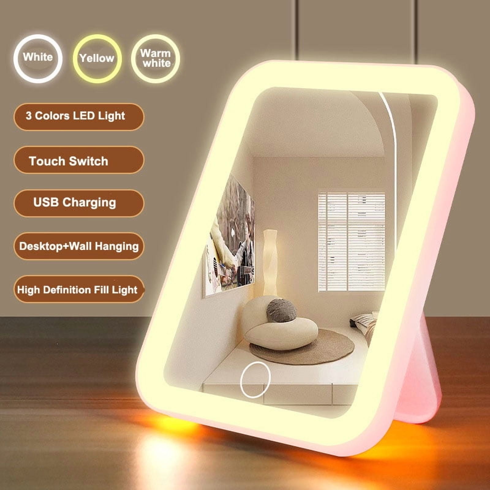3 Colors LED Vanity Mirror with Touch Screen USB Rechargeable Dimming ...