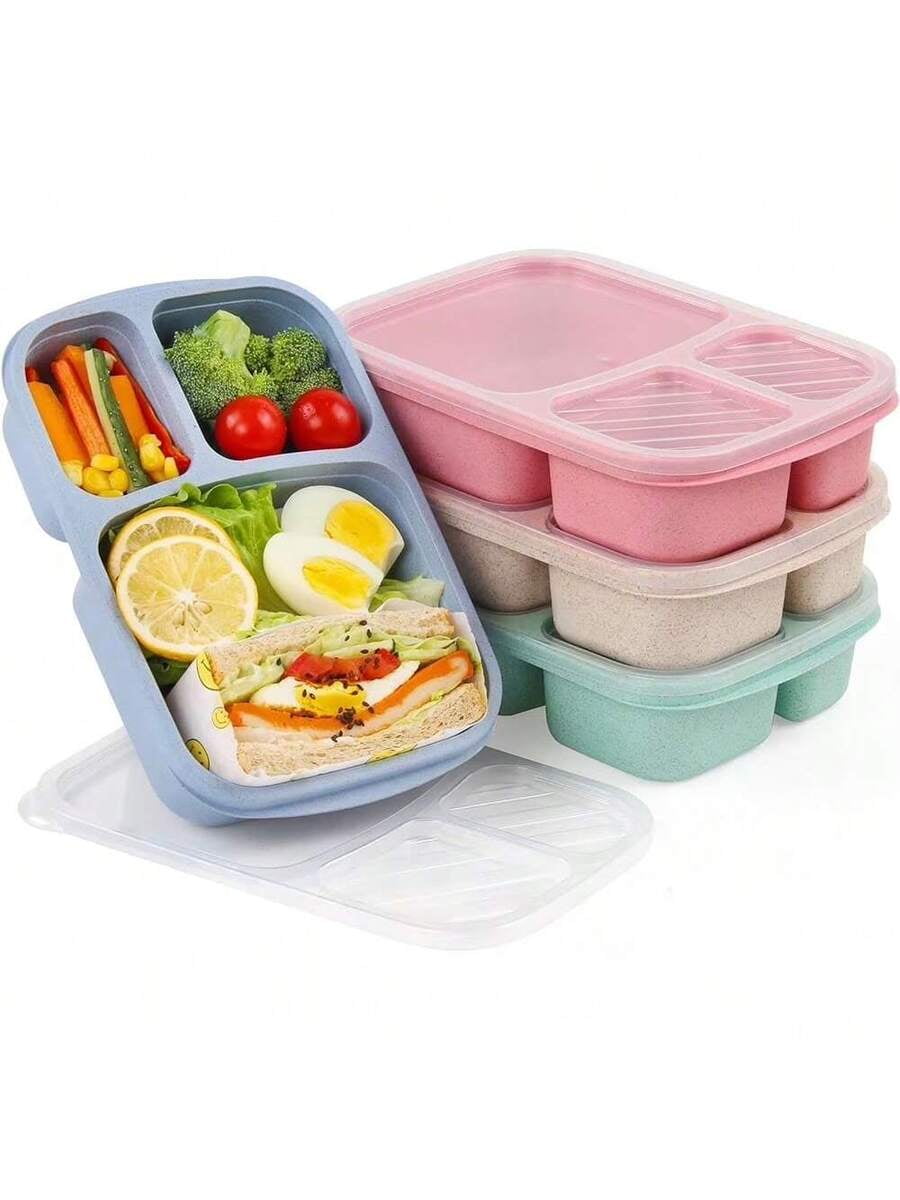 3 Compartment Bento Box Lunch Containers Set of 4, Reusable Meal Prep ...