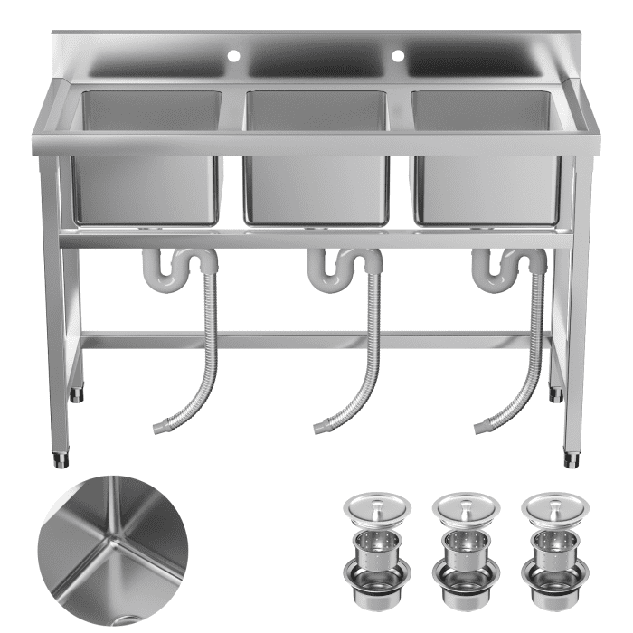3-Compartment Commercial Sink, Freestanding Triple Bowl Sinks, 550lbs ...