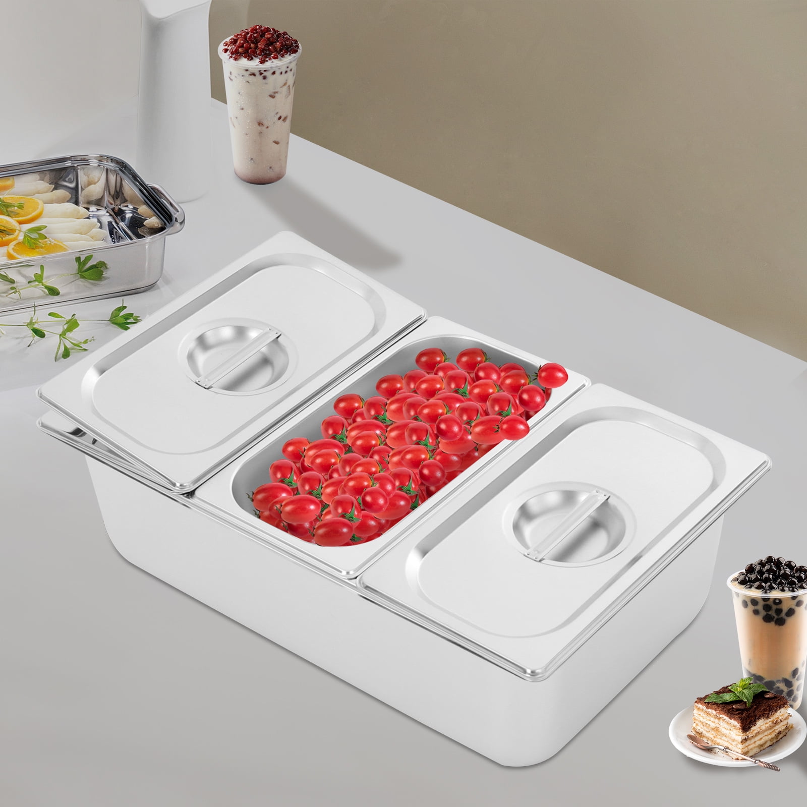 3-Compartment Fruit Pan, Stainless Steel with Acrylic & Steel Lids ...