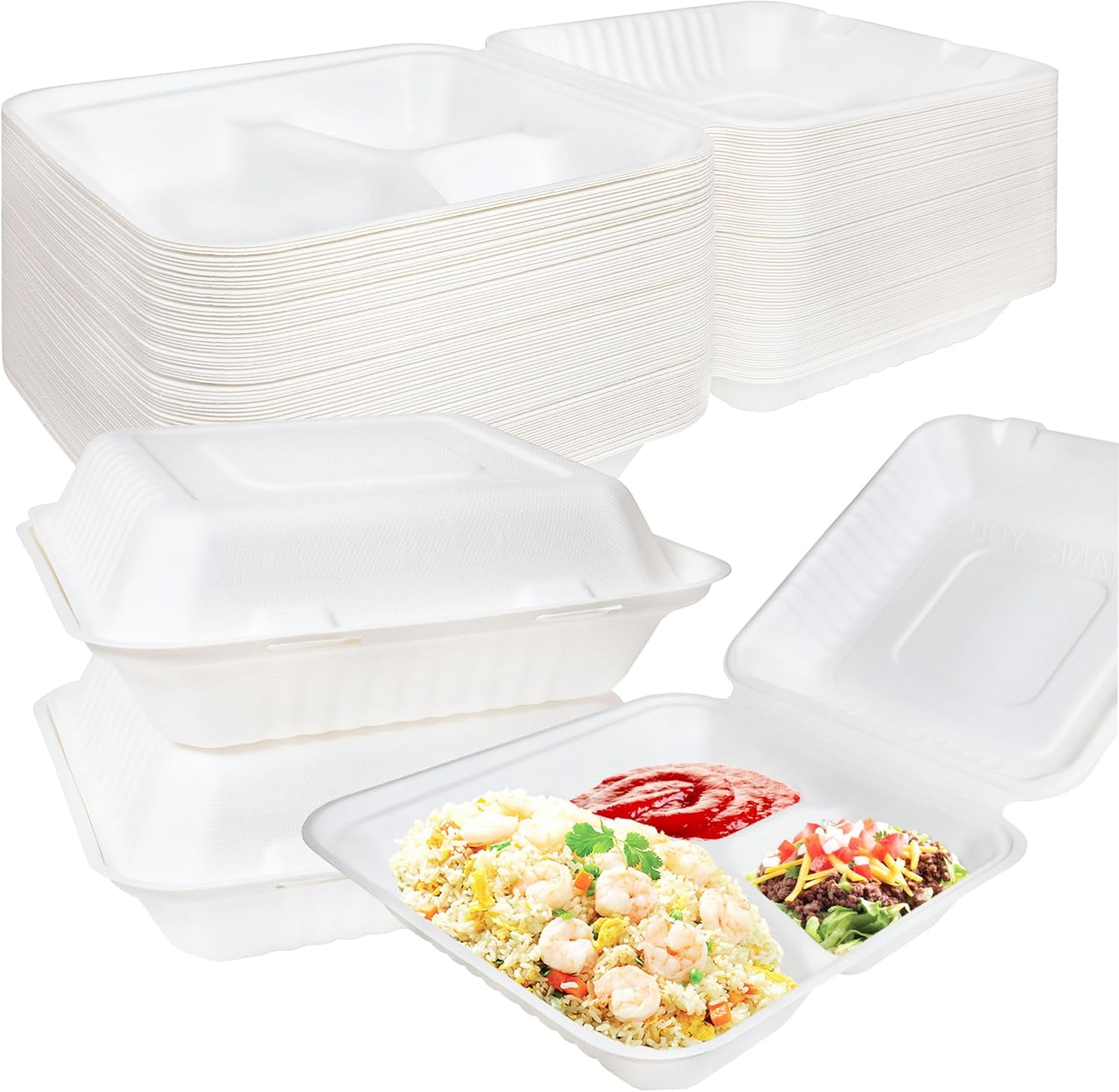 3 Compartment Hinged Clamshell Take Out Food Containers 9x9x3 - Heavy ...