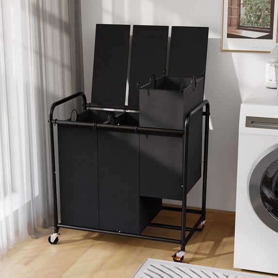 3-Compartment Laundry Cart with Lockable Wheels & Lid 180L Large ...