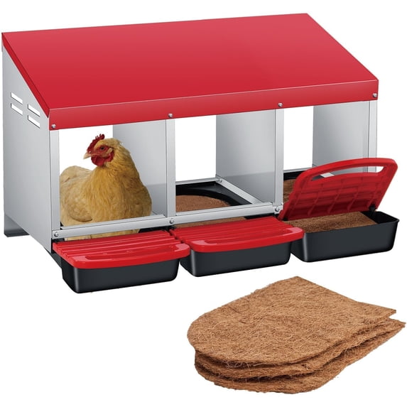 3-Compartment Metal Chicken Nesting Box with Hay Mats Roll Away Egg ...