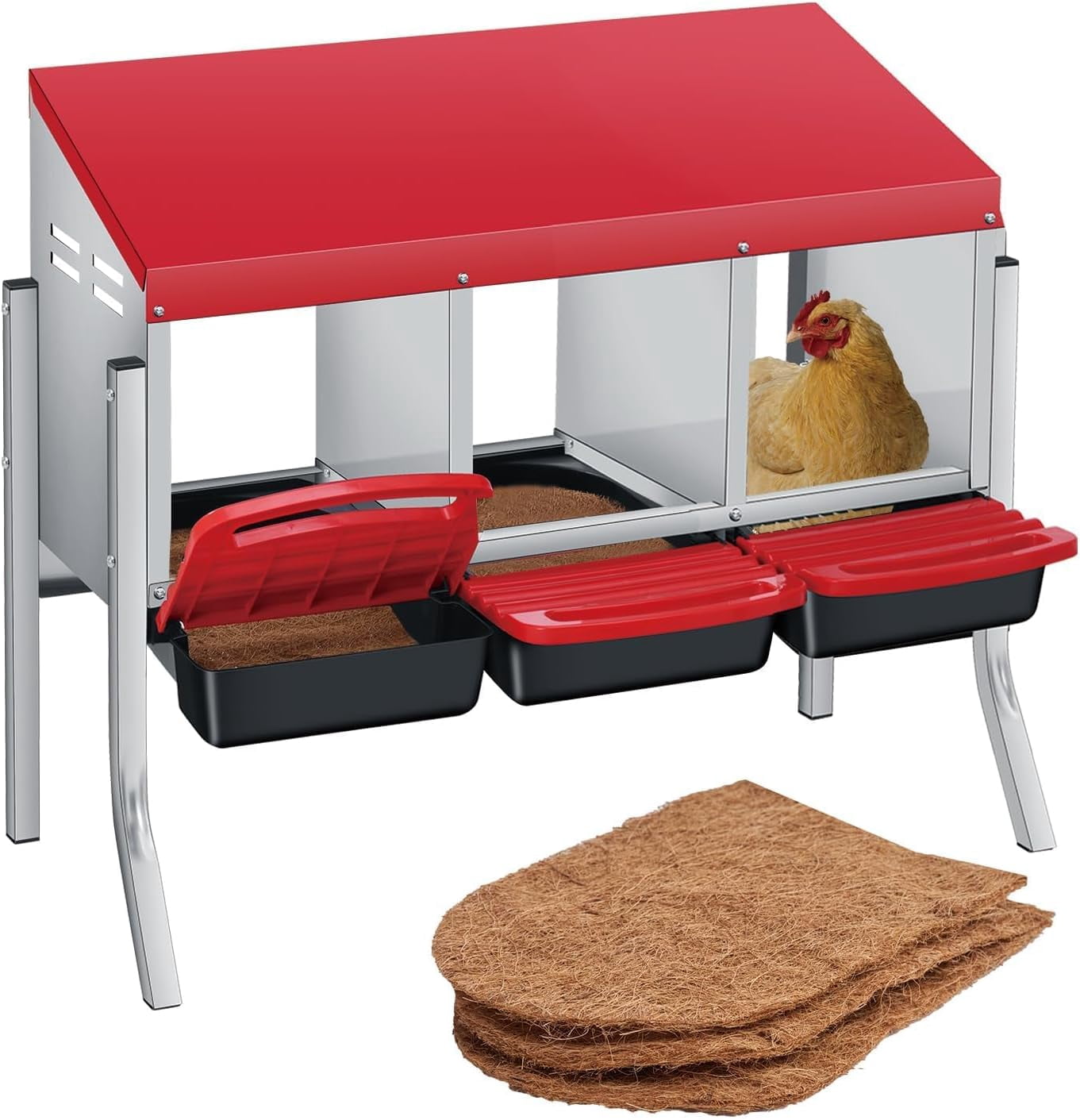 3-Compartment Metal Chicken Nesting Box with Hay Mats Roll Away Egg ...