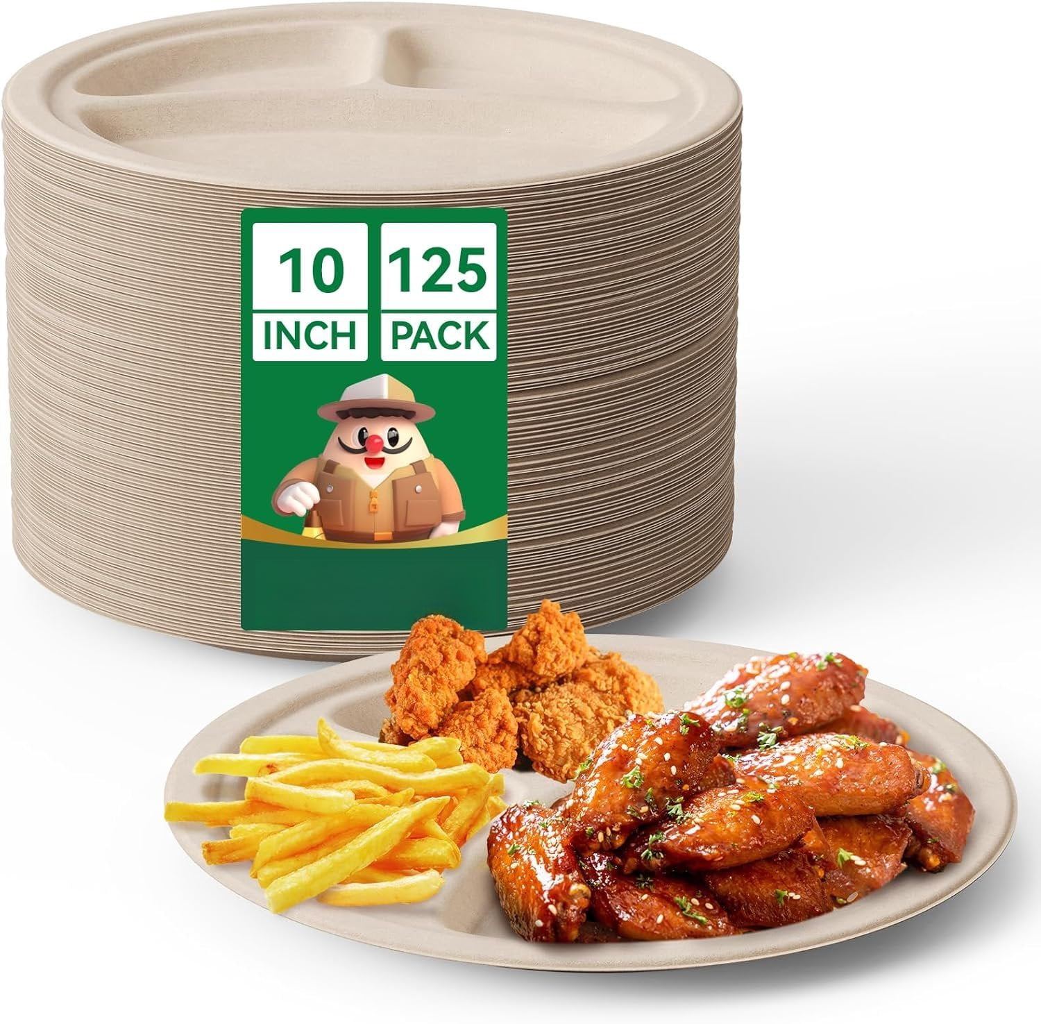 3 Compartment Paper Plates 10 Inch [125 ] Divided Disposable Bagasse ...