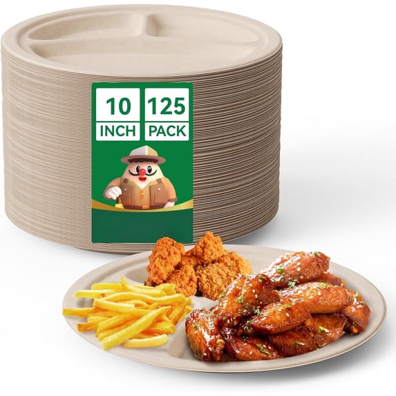 3 Compartment Paper Plates 10 Inch [125 ] Divided Disposable Bagasse ...