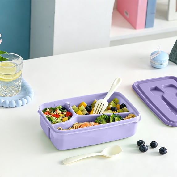 3 Compartment Plastic Lunch Box with Built-in Spoon and Fork - Portable ...