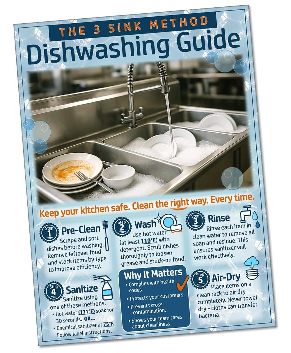 3 Compartment Sink Method Poster Commercial Kitchen Dishwashing Sign 3 Compartment Sink Method Poster Commercial Kitchen Dishwashing Sign