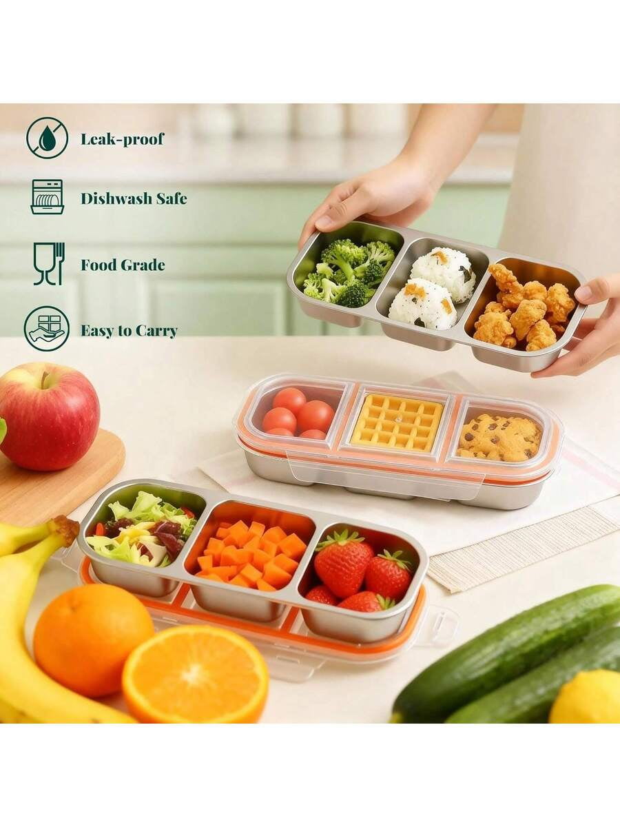 3-Compartment Stainless Steel Bento Lunch Box, Reusable Divided Food ...