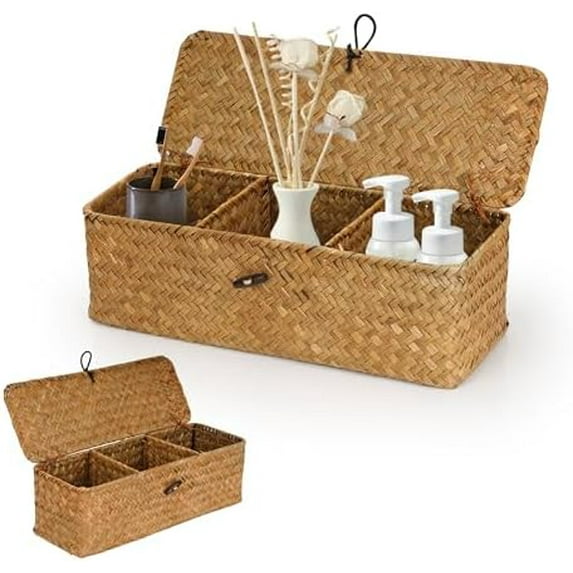 3 Compartment Storage Woven Basket with Lid, Rectangular Wicker Baskets ...