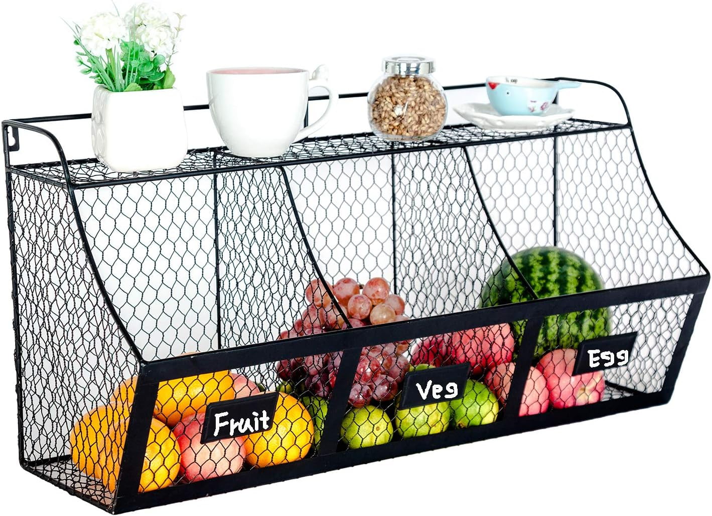3 Compartment Wall Mount Metal Storage Basket Large Kitchen Hanging ...