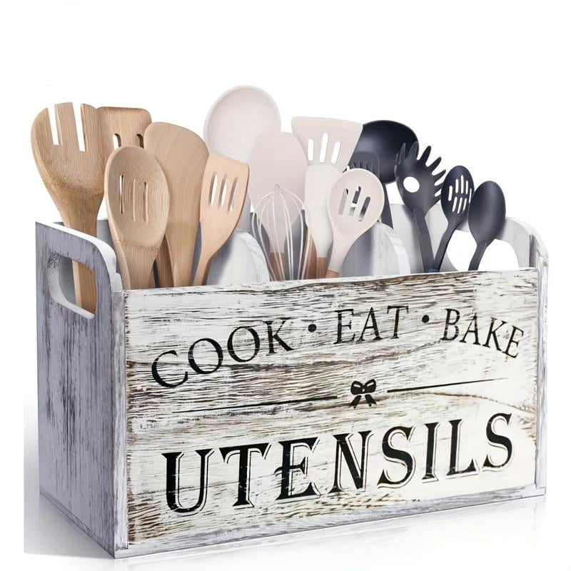 3-Compartment Wooden Kitchen Utensil Holder - Durable Countertop ...