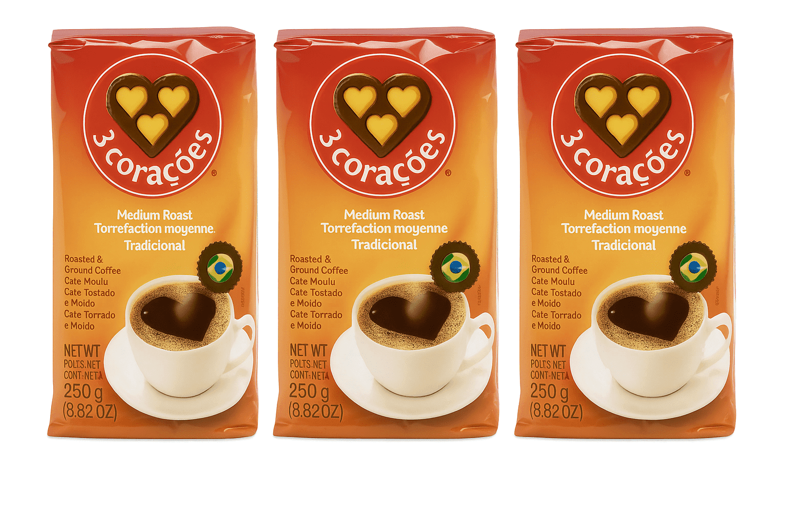 3 Coracoes Brazilian Traditional Coffee 8.8 oz (250g) | Pack of 3 ...