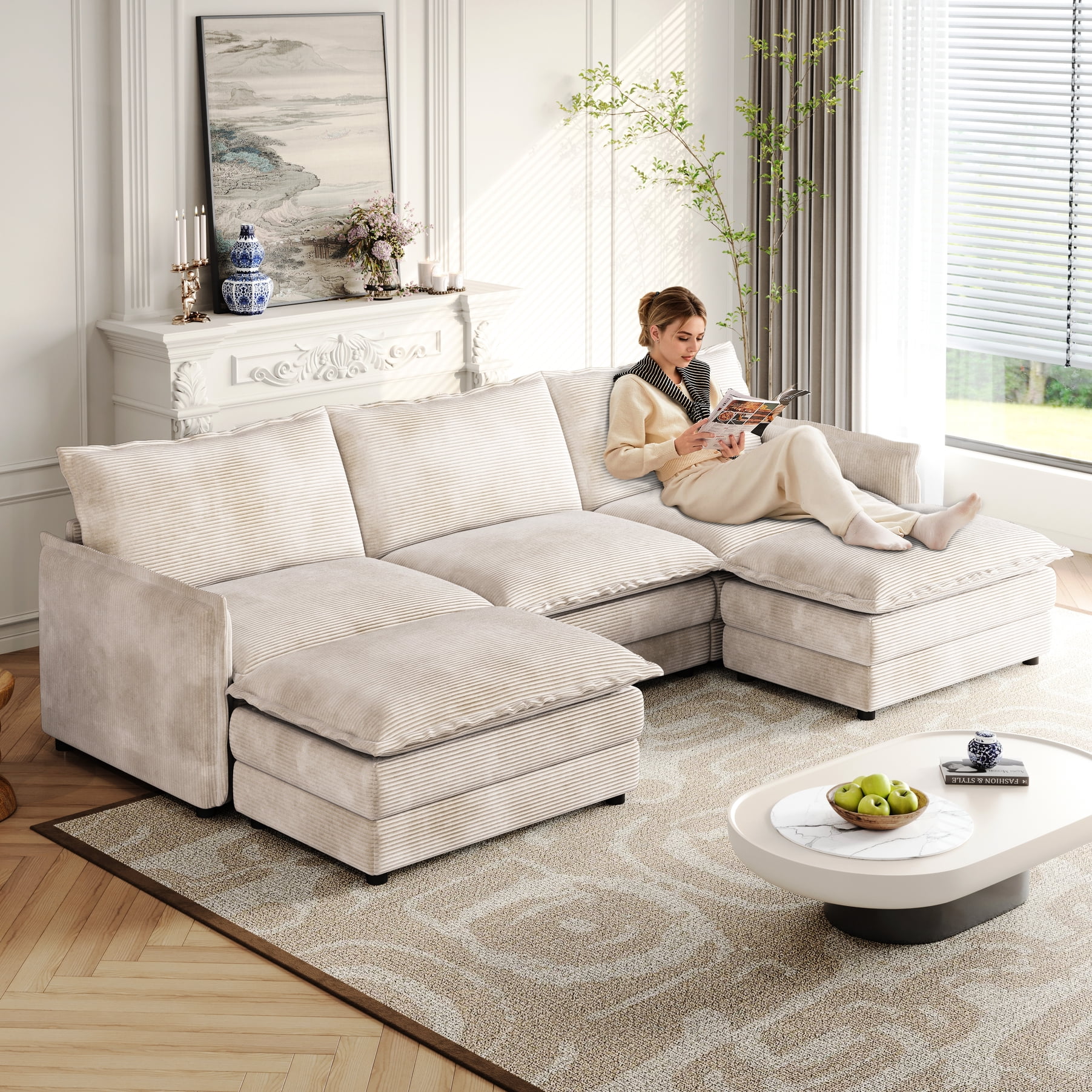 3 Corduroy Fabric Couch With 2 Movable Footrests, U Shaped Deep Seat ...
