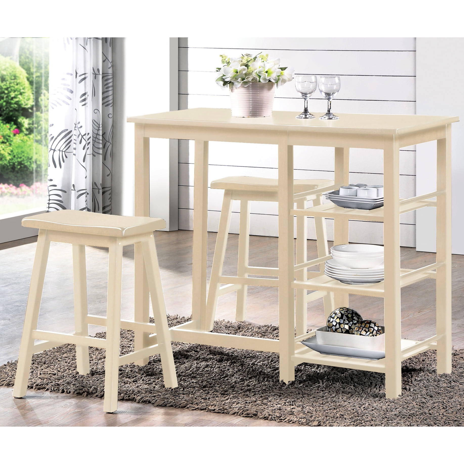 3 Counter Height Dining In Colorway. Table With Storage Shelves. Saddle ...