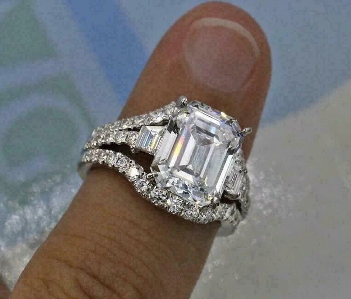3 Ct Emerald Lab Created Diamond Bridal Engagement Ring 14K White Gold ...