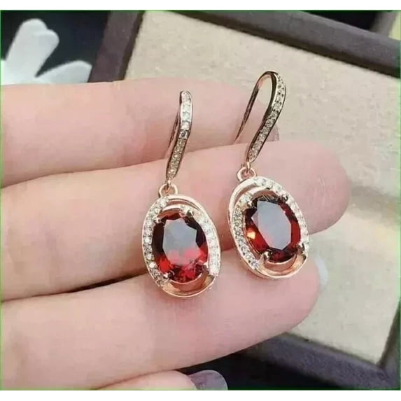 3 Ct Oval Cut Simulated Red Garnet Dangle-Drop Earrings 14K Yellow Gold ...